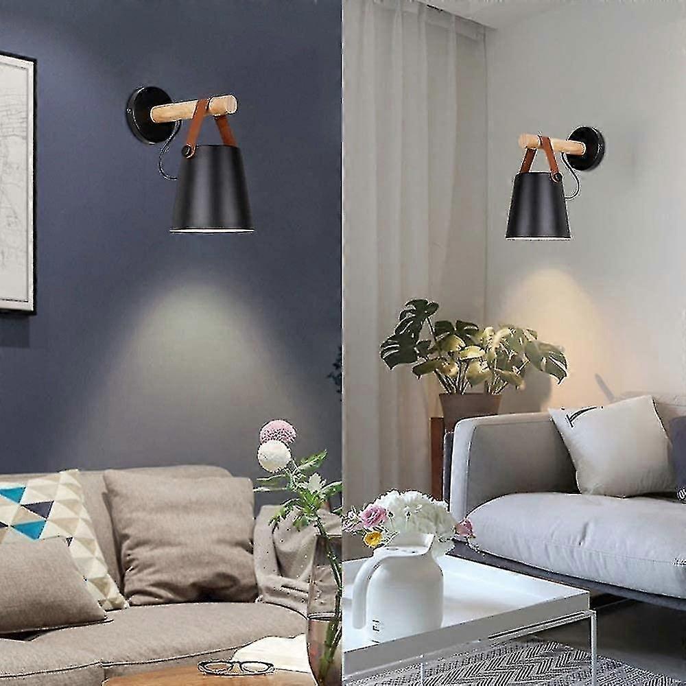 Set Of 2 E27 Modern Wall Sconce Metal Style Wrought Iron Wood Belt ...
