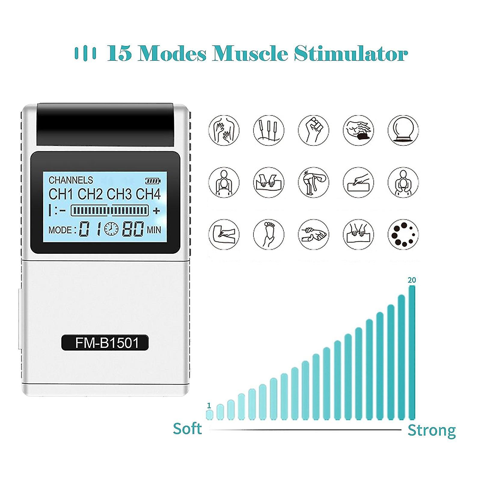 Tens Ems Muscle Stimulator 15 Modes 4 Outputs 8 Pads Pain Relief ...