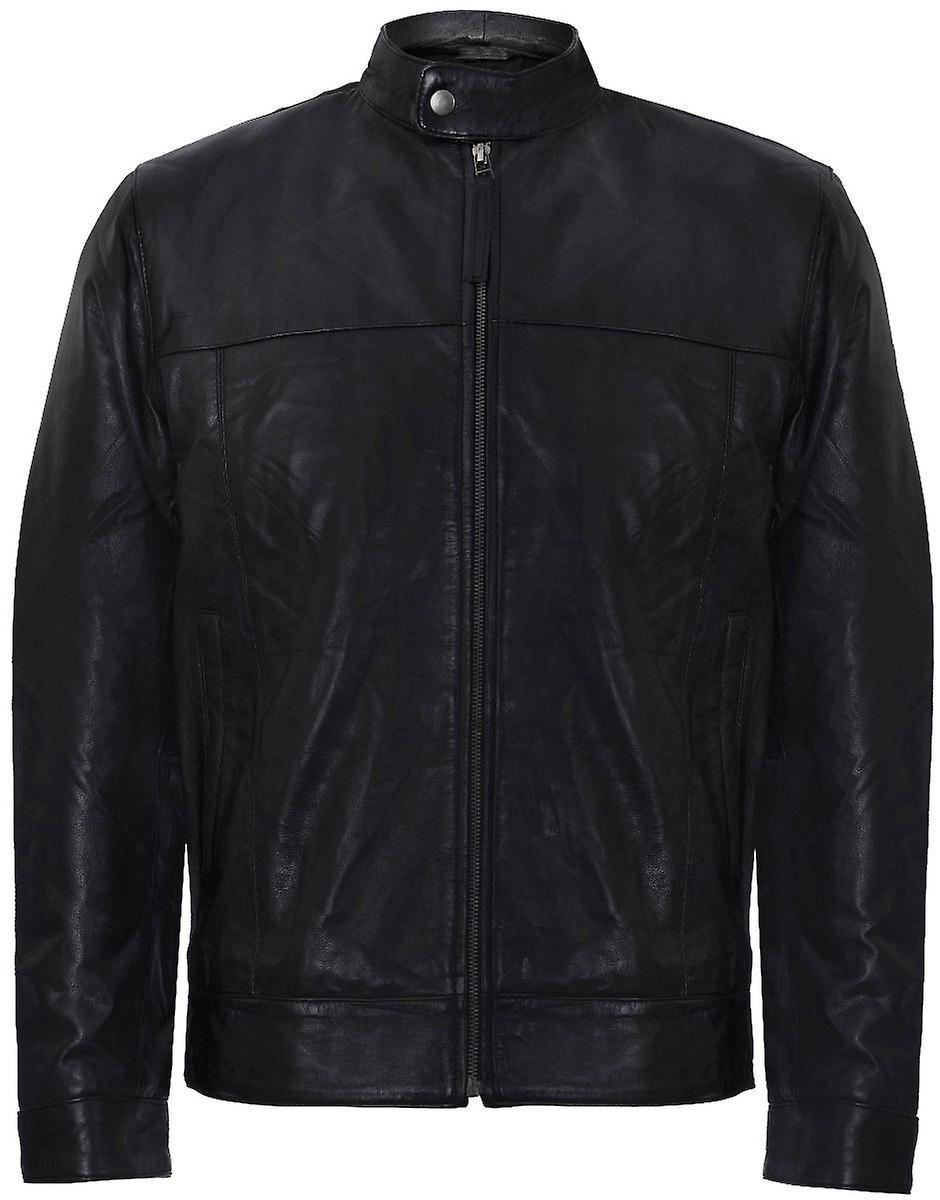 Mens Leather Mandarin Collar Black Biker Jacket | Fruugo UK