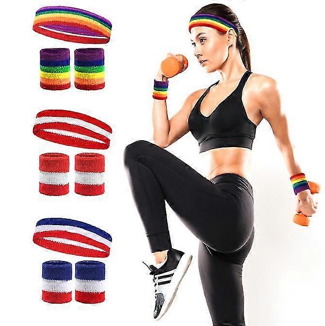 3 Pieces Sweatbands Set, Sports Headband and Wrist Sweatbands Striped ...