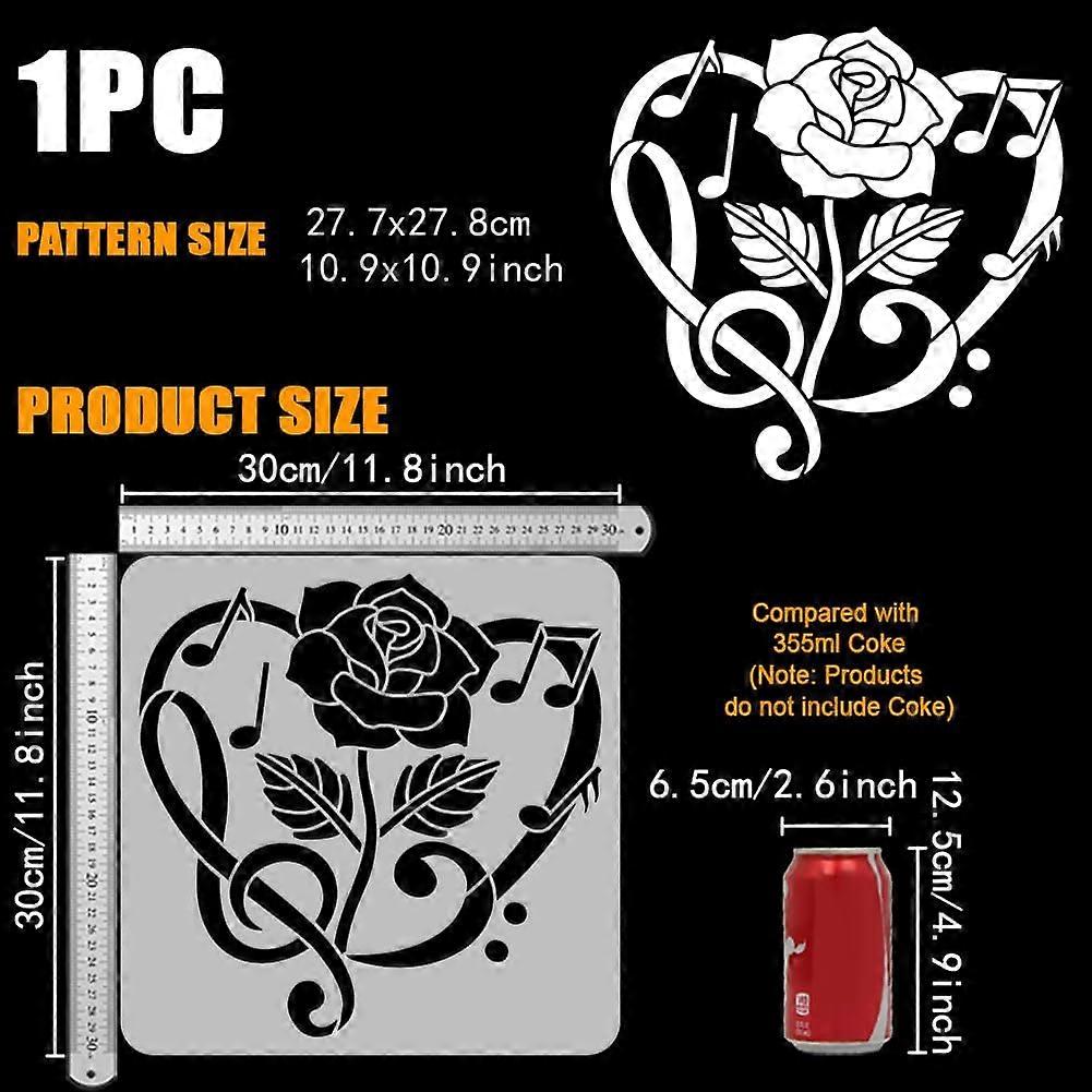 Music Painting Stencil 11.8x11.8inch Reusable Love Heart Rose Pattern ...