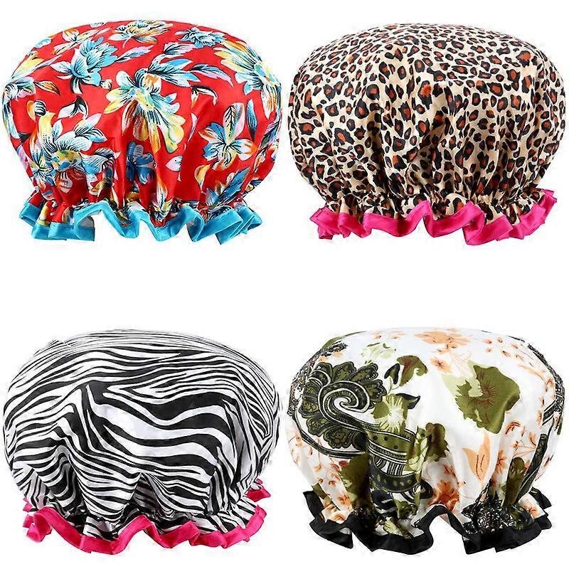 Shower Cap 4 Pack, Luxury Double Layer Silky Satin Shower Caps ...