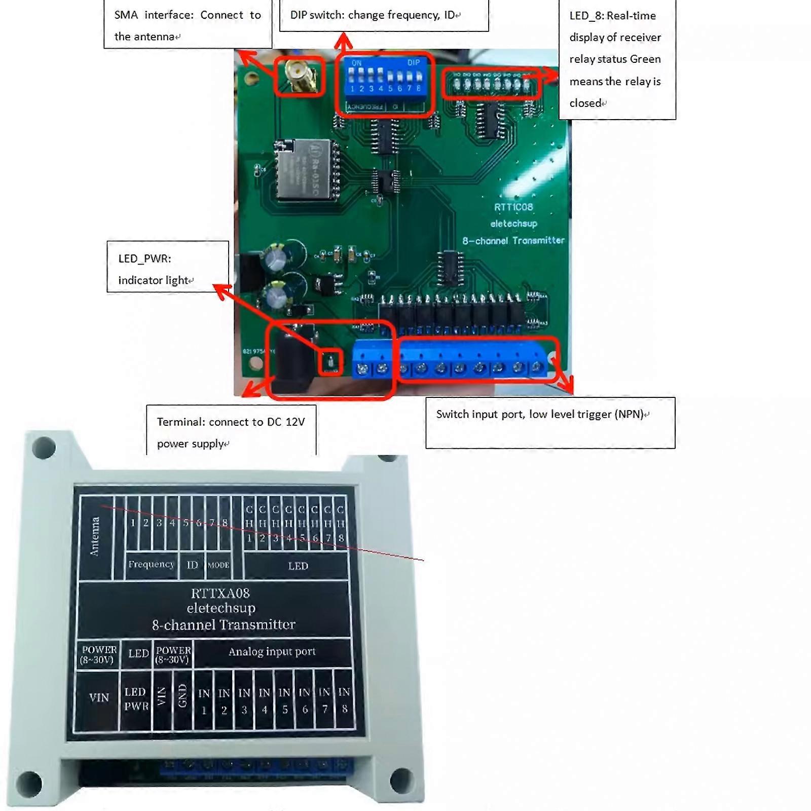 433M 8CH Lora Remote Controller Feedback Point-to-Point Wireless IO ...