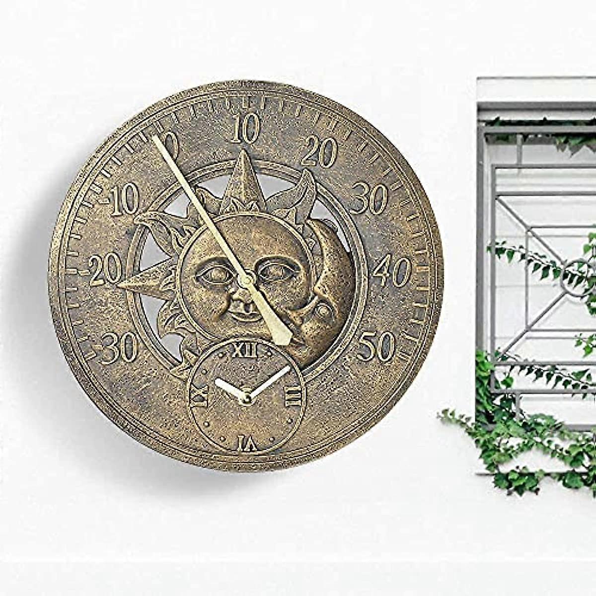 Garden Thermometer Clock Analogue Wall Bronze Sun & Moon 30cm Clock ...