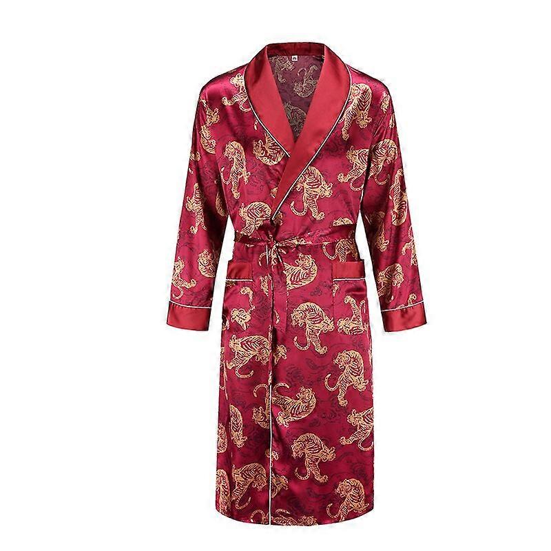 JWL-Men Mens Robe Long Sleeves Bathrobe Silky Satin Kimono Dragon Print Pajamas Bathrobe Night ...