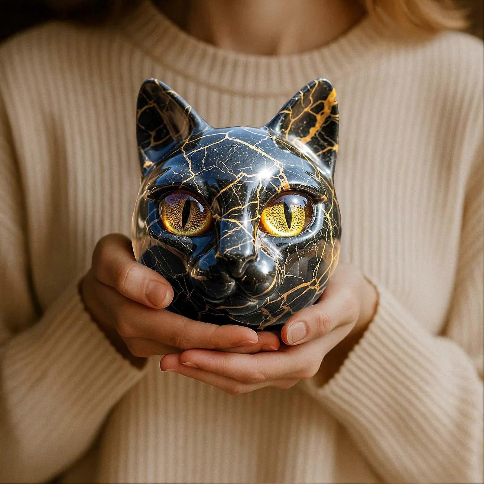 Cat Stone Sculpture Cat Head Figurine with Amber Eyes Smooth Finish ...