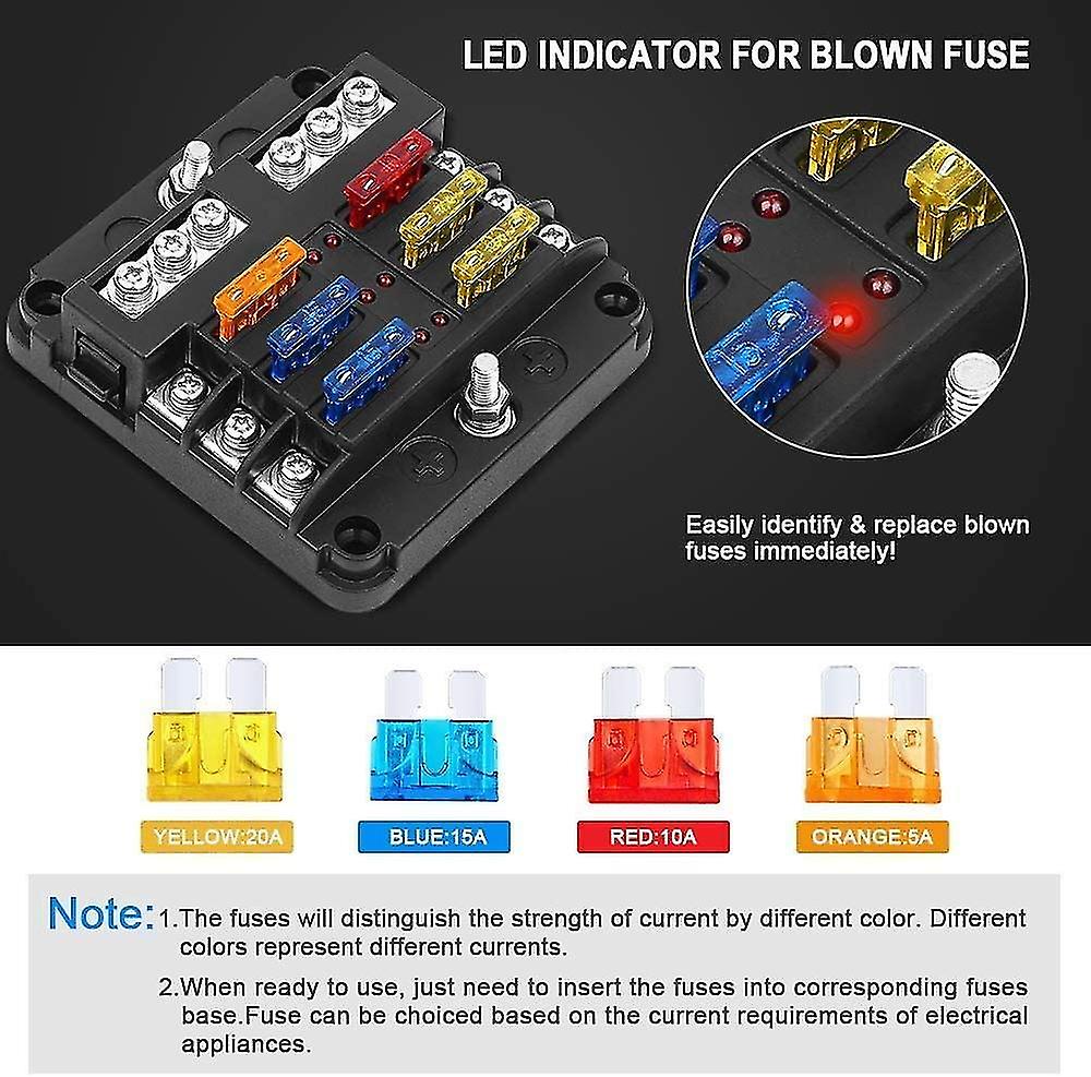 6 Way 12v Fuse Box, Fuse Holder Blade Fuse Blocks With 16 Fuses 6 Led ...