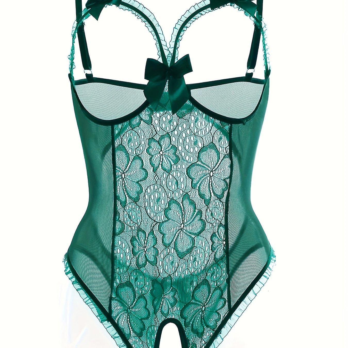 Juege* Floral Lace Bow Mesh Teddy, Hollow Out Open Bust Open Crotch ...