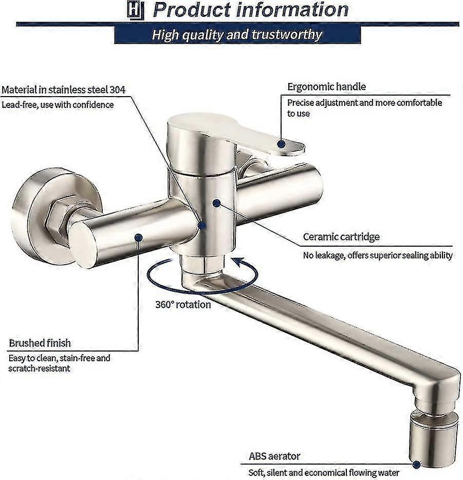 Wall Mounted Kitchen Tap With 2 Jets Sink Mixer Tap 360 Swivel Wall ...