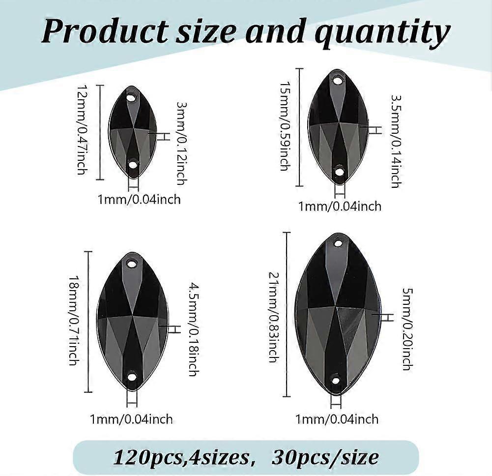 120 Pcs Flat Backed Sew on Beads 12/15/18/21mm Black Sew on Mirror ...