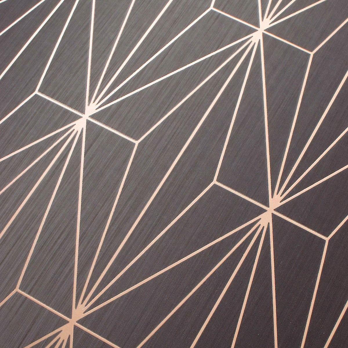 Charcoal Rose Gold Metallic Geometric Wallpaper Triangles Vinyl Muriva ...