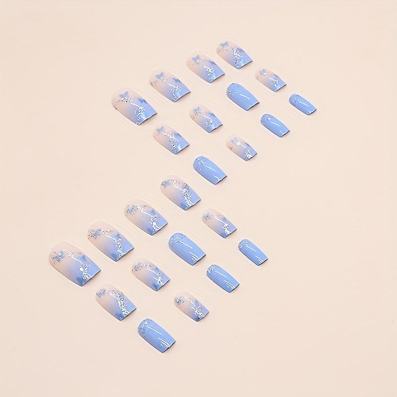 24pcs Gradient Fake Nails Blue Butterfly Press On Nails With Silver ...