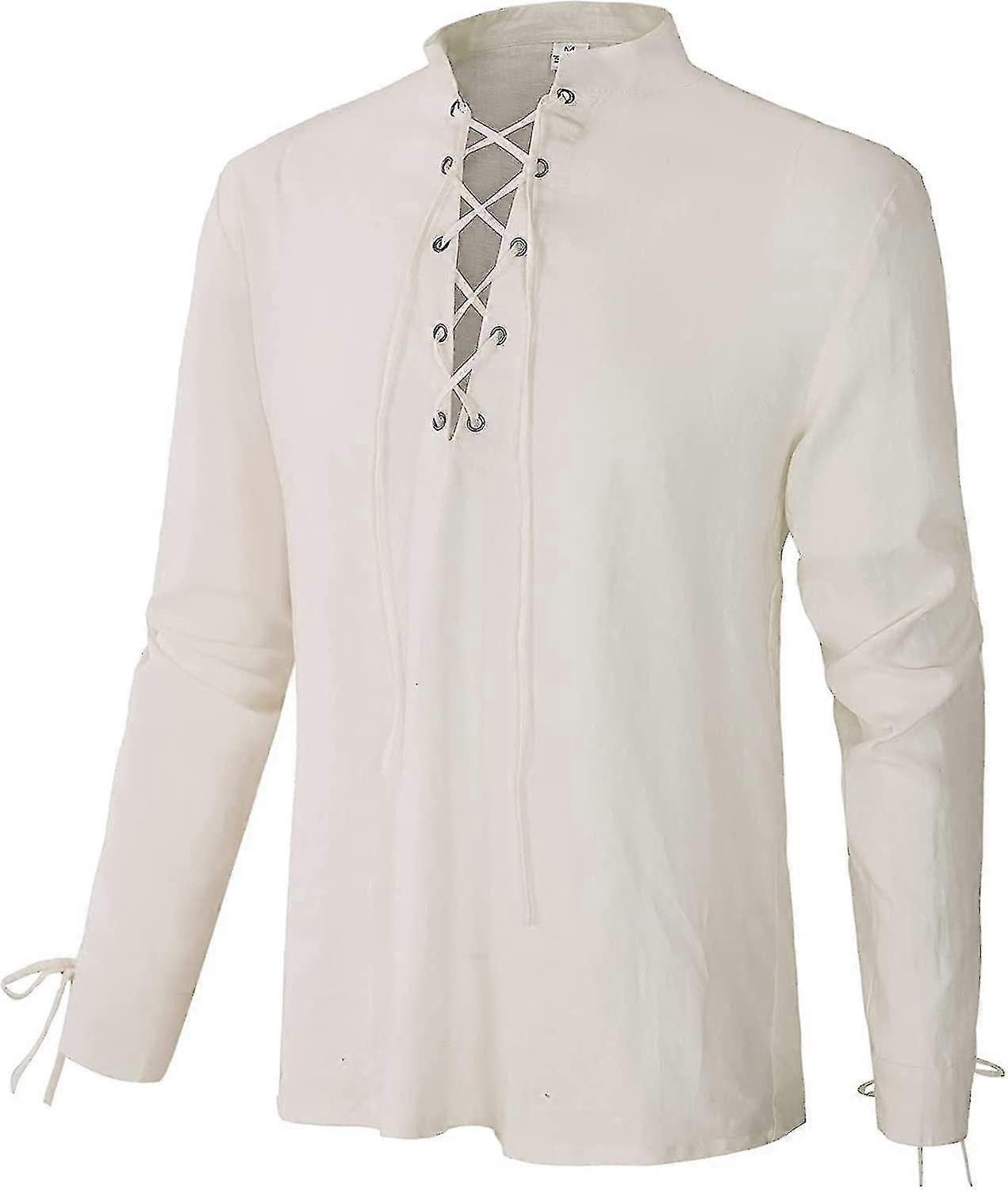 Men's Linen Long Sleeve Shirt Lace Up V-neck Viking Medieval Pirate Top-YuJia | Fruugo UK