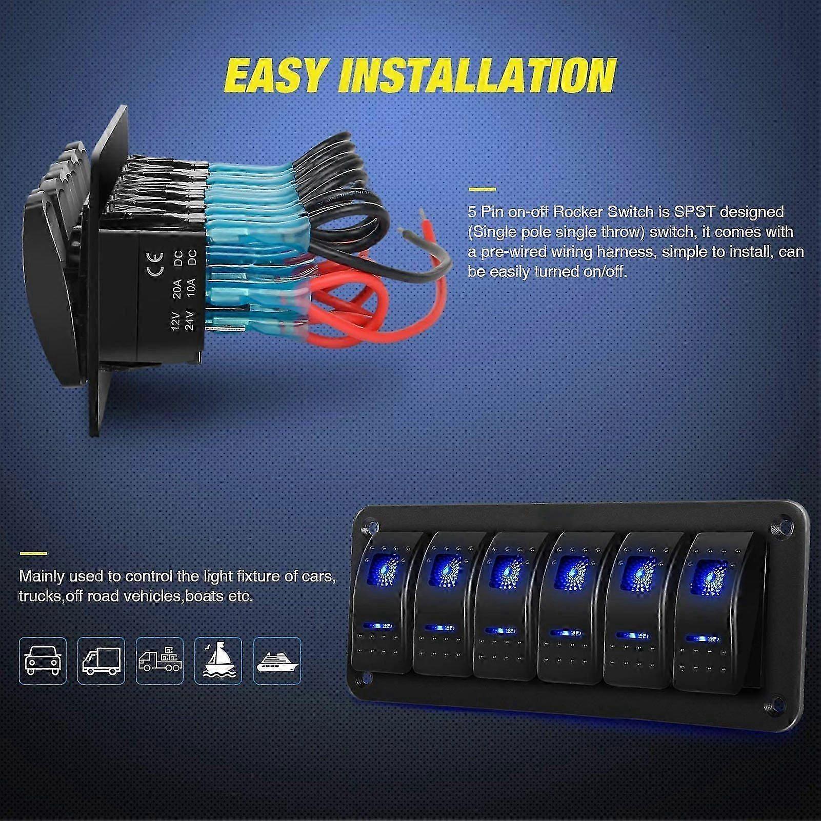6 Gang Rocker Switch Panel LED Backlit On Off Switch Waterproof Circuit ...