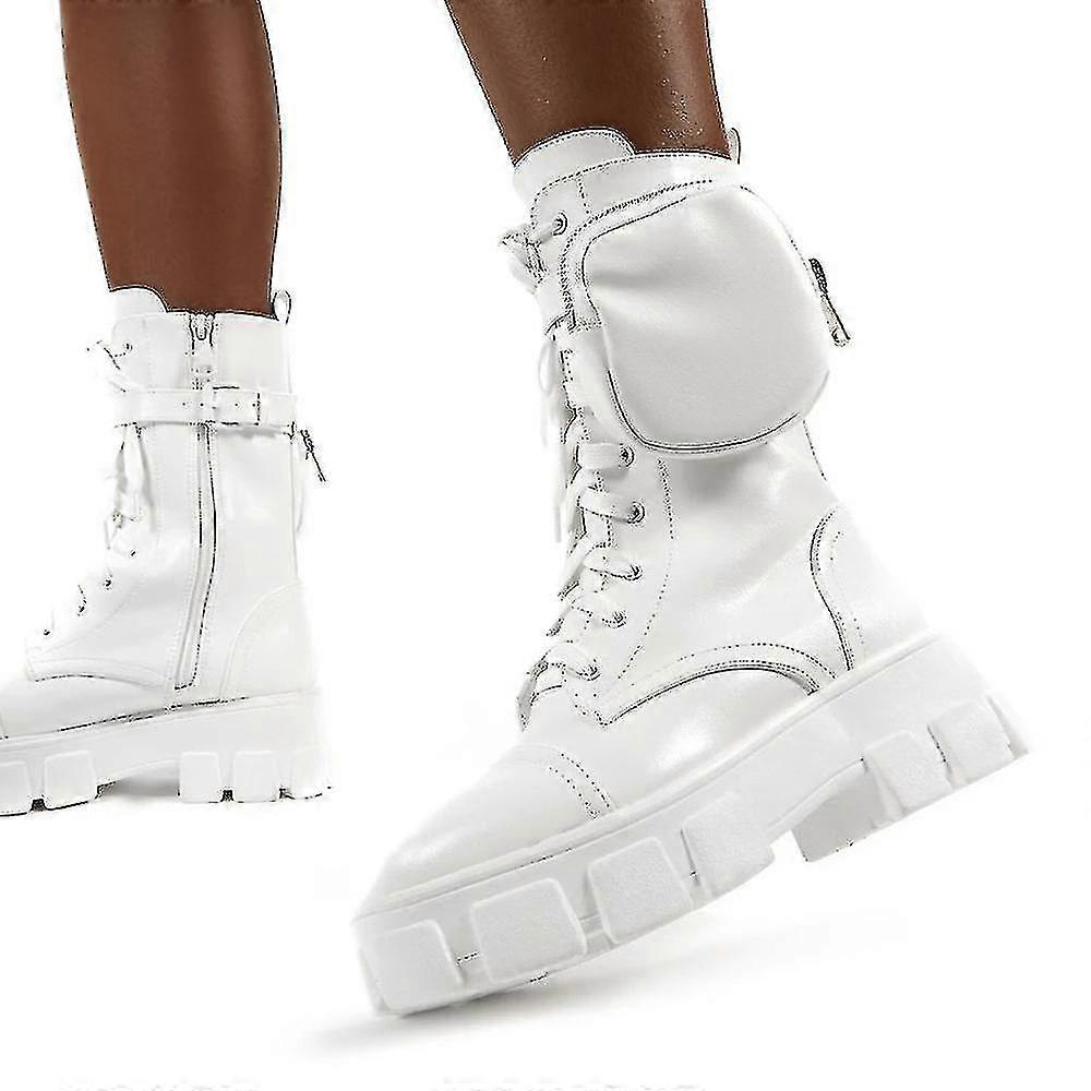 Female Pocket Lace Up Boots Buckle Strap Chunky Pouch Ankle | Fruugo UK