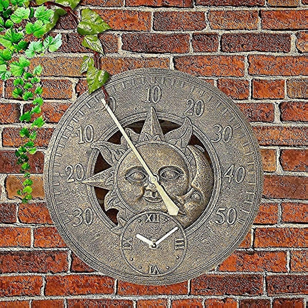 Vintage Style Bronze Sun & Moon Garden Thermometer Clock - 30cm ...