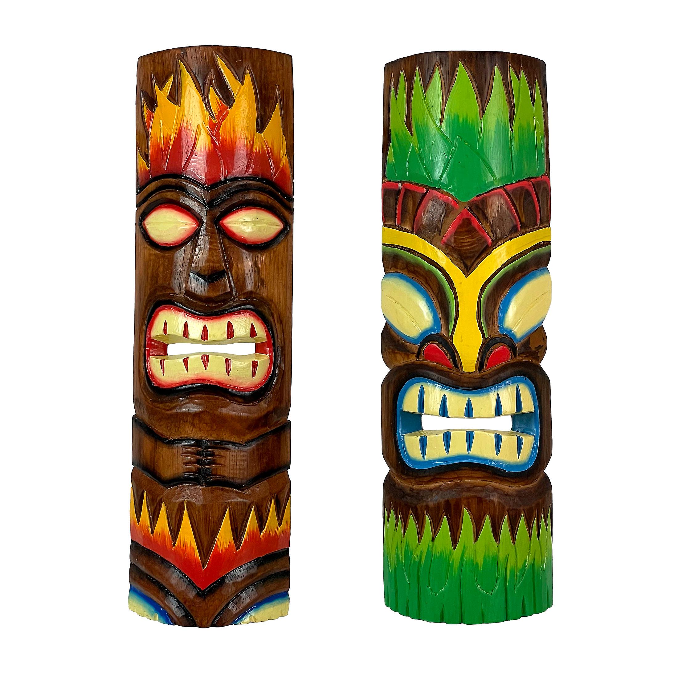 Set of 2 Handcrafted Fire and Earth Wood Tiki Totem Wall Masks - 20 ...