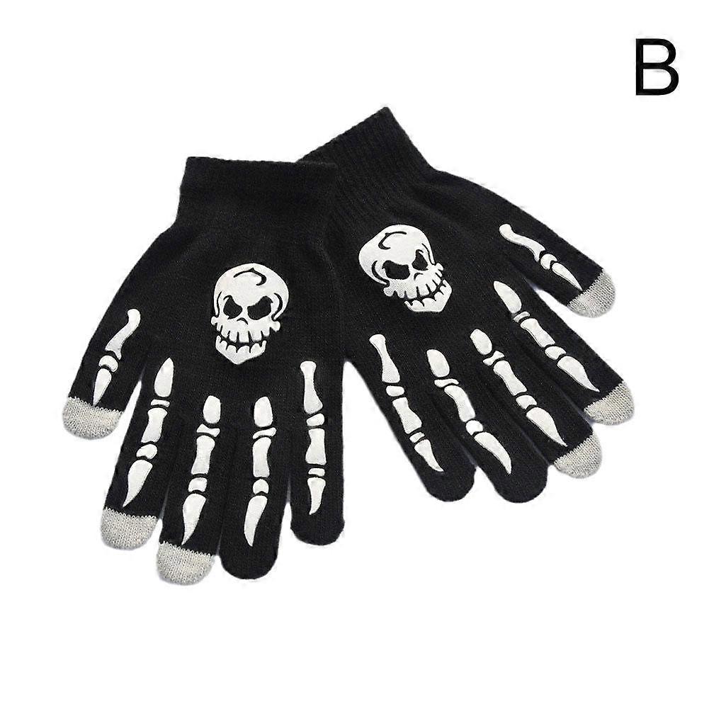 Half Finger Gloves Halloween Fluorescent Skull Hand Paw Print Knit Warm ...