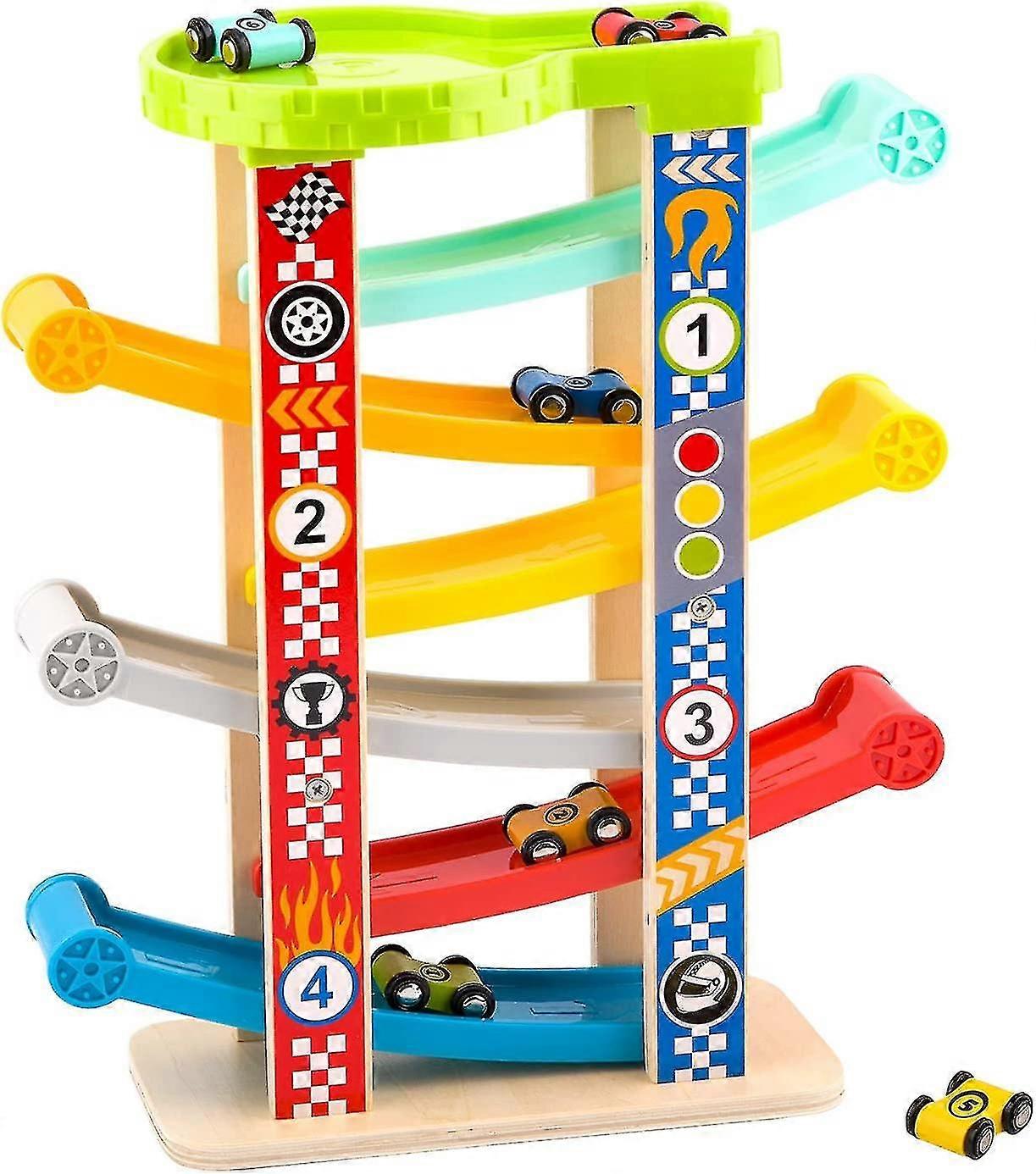Wooden Car Ramp Racer Toy, Toddler Race Track Toy With 6 Mini Cars And ...