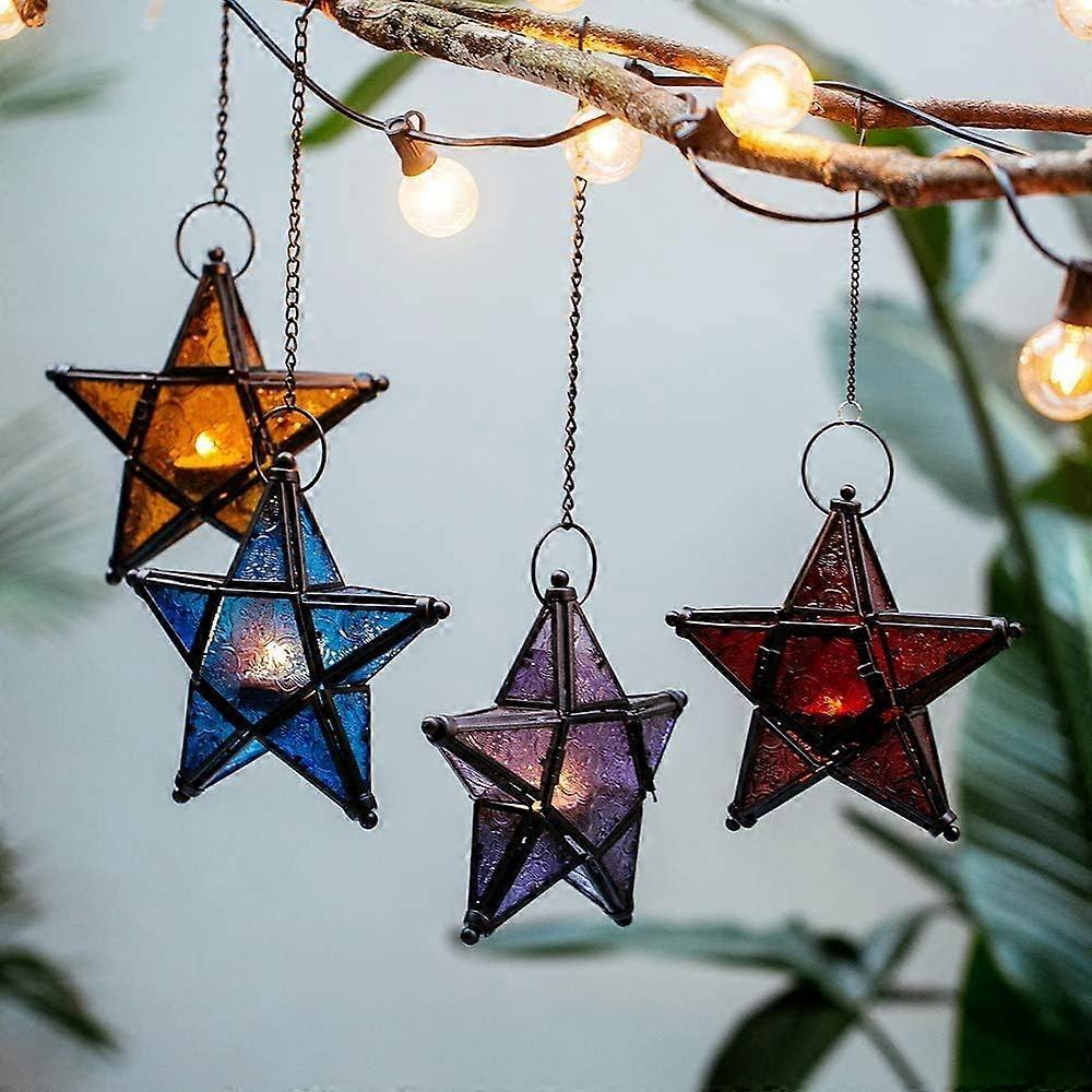 Glass Star Lantern Hanging Ornaments - Tea Light Lantern Window ...