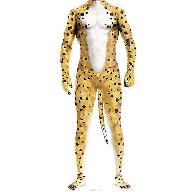 Mens Animal Cosplay Costume Leopard 3D Printed Jumpsuit Halloween Fancy ...