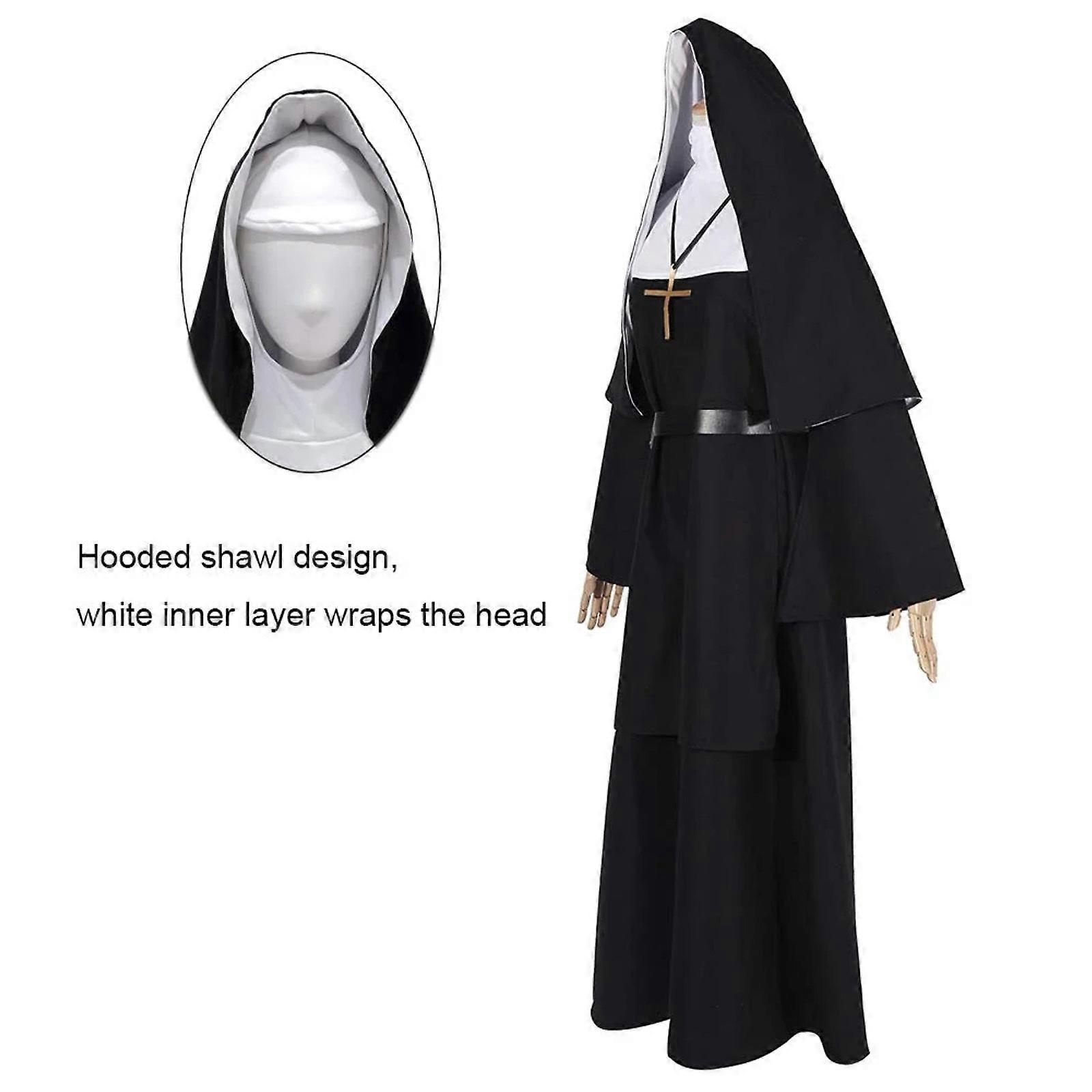 Halloween Nun Cosplay Costume 4-Pieces Set Nun Costume + Cape + Belt ...