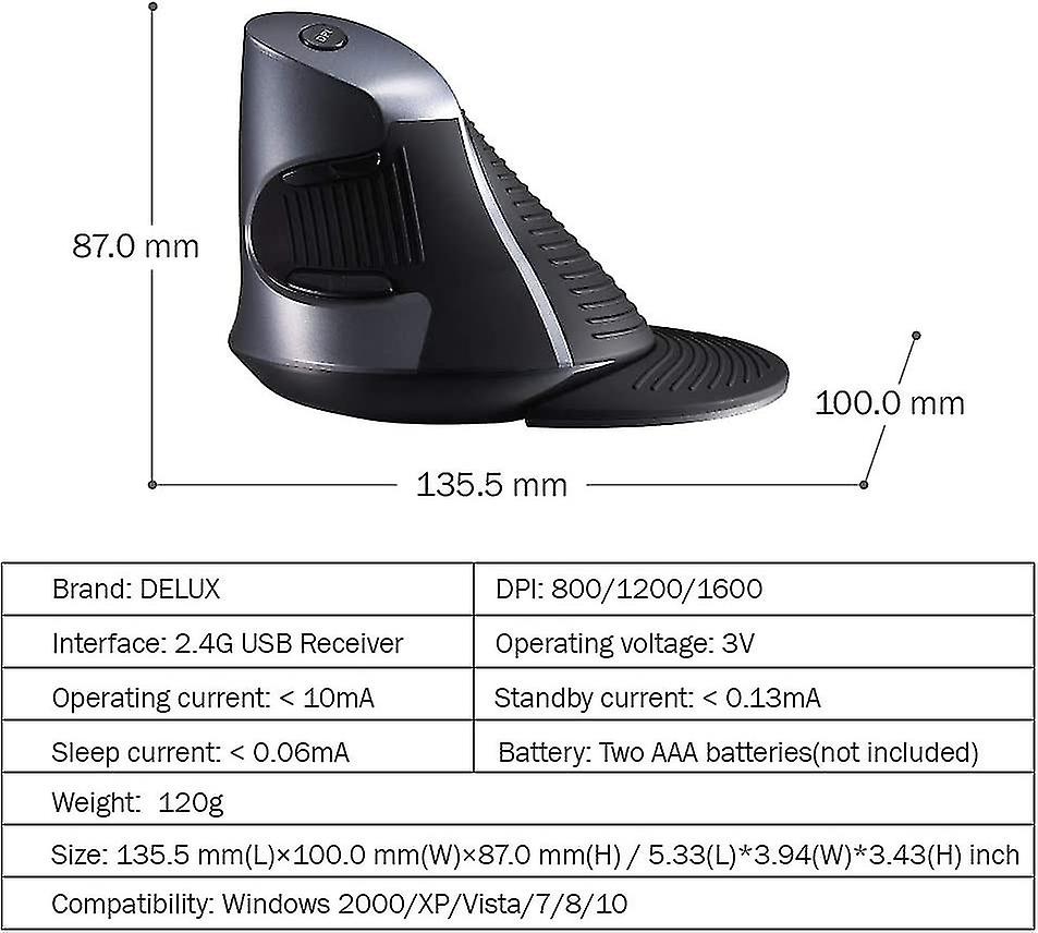 Vertical Mouse, Wireless Ergonomic Mouse, 3 Adjustable Dpi (800-1200 ...