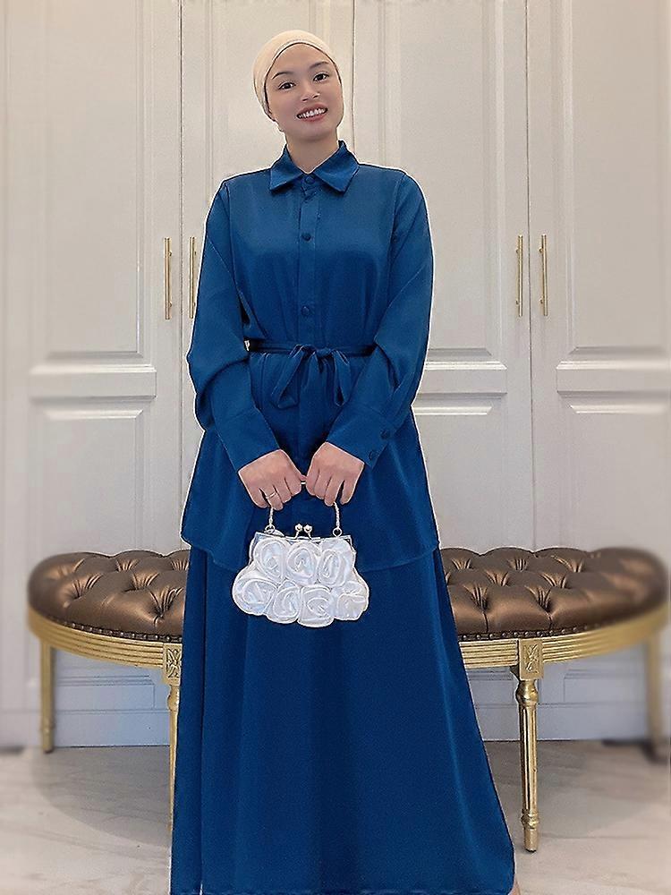 2 Piece Matching Outfit Muslim Sets Turkey Satin Abaya Dress Top ...