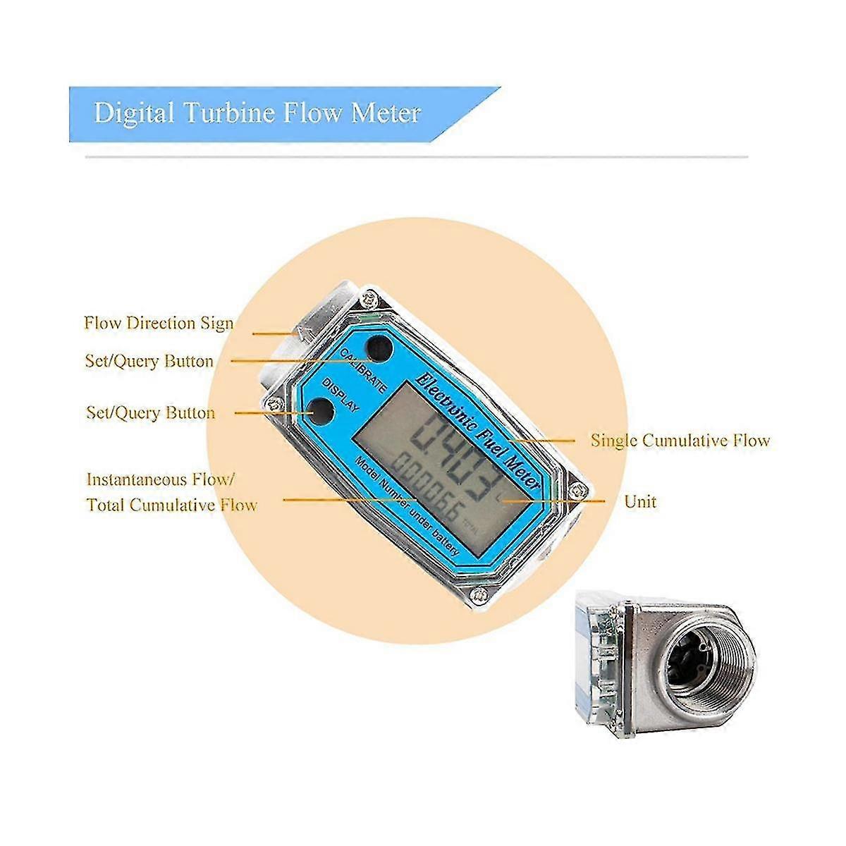 1 Inch Digital Turbine Flow Meter, LCD Display Fuel Water Flow Meter, Flowmeter for Gasoline ...
