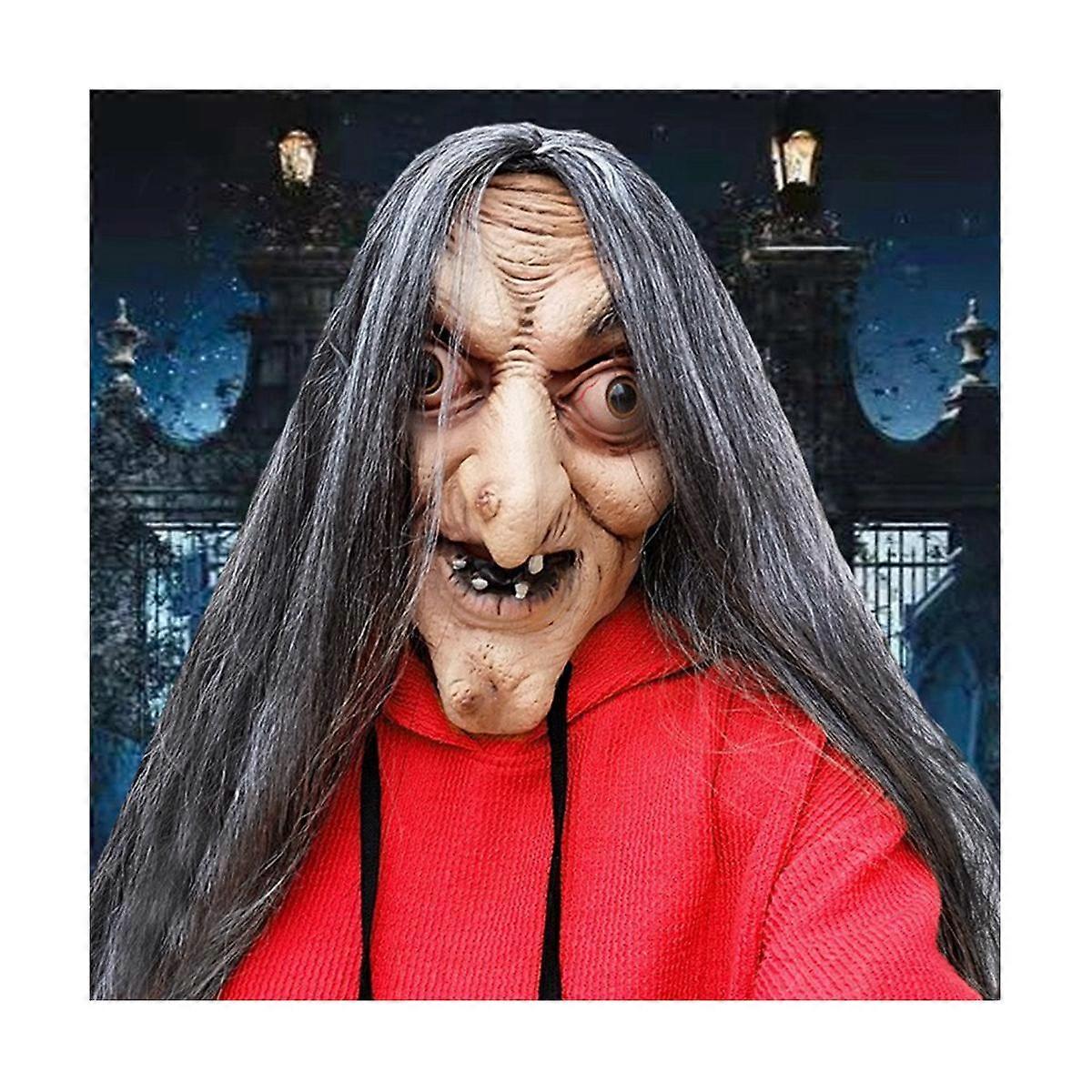 Scary Old Witch Mask Latex with Hair Halloween Grimace Party Costume ...