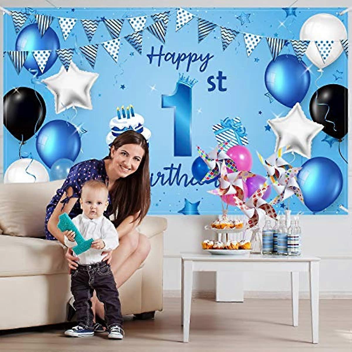 Happy 1st Birthday Backdrop Banner Blue Newborn Boys First Birthday ...