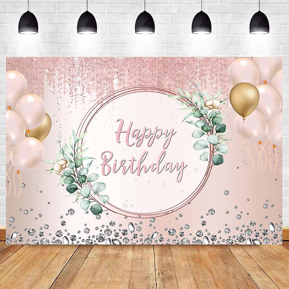Rose Gold Glitter Birthday Backdrops For Girls Balloon Flowers Happy ...