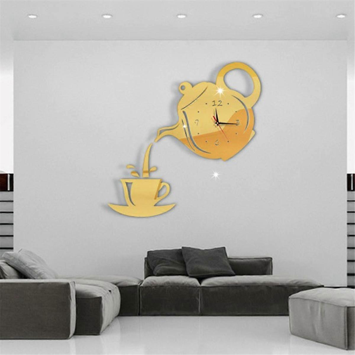 3PCS DIY Acrylic Coffee Cup Teapot 3D Wall Clock Decorative Kitchen ...