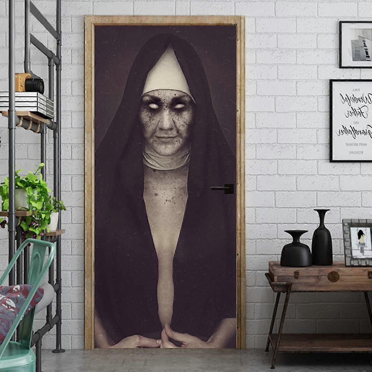 Halloween 3D Nun Door Stickers-30 x 80 inches Scary Ghost Nun Lifelike ...