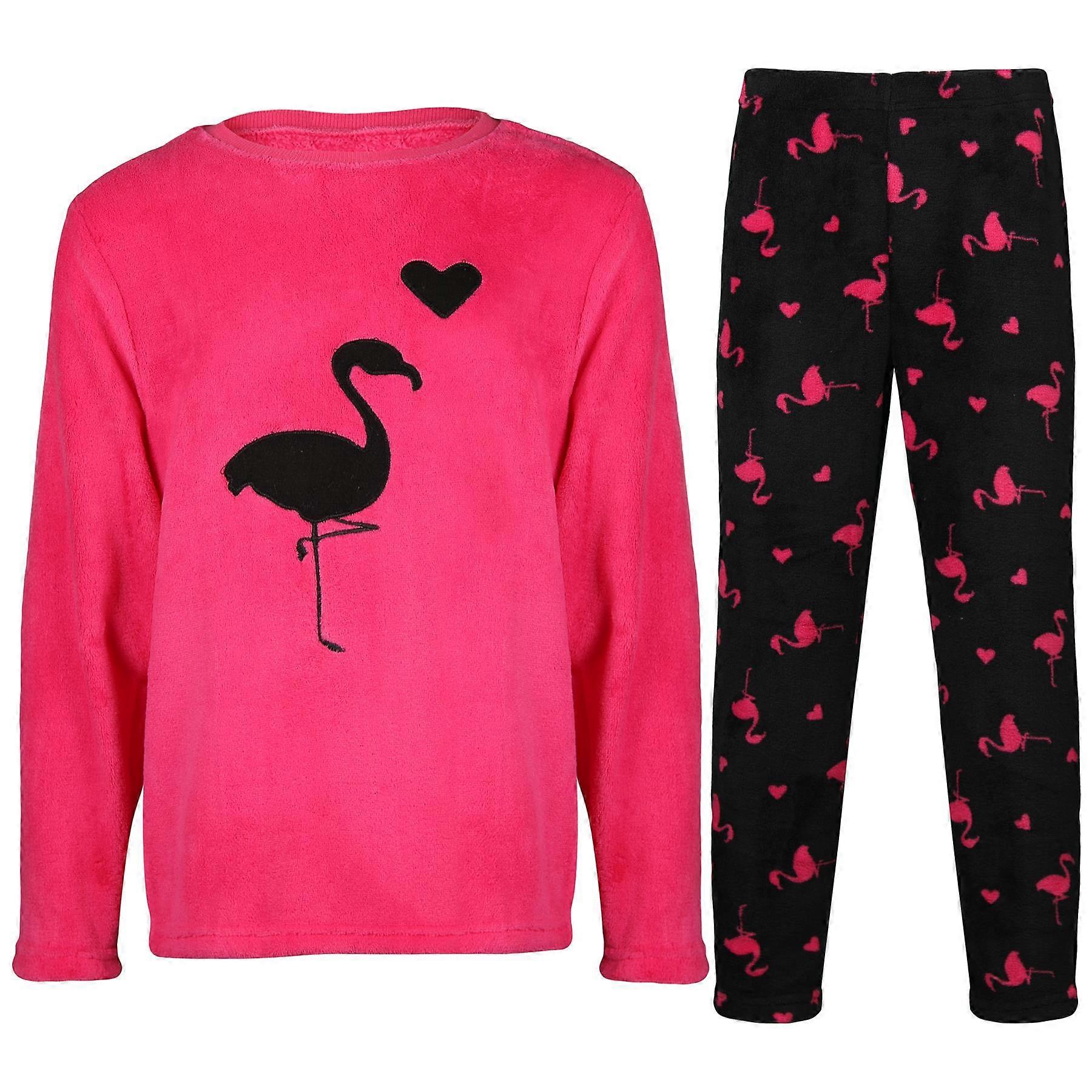 Kids Girls Pyjamas 2 Piece Soft Fluffy Loungewear Flamingo Cosy Pyjama ...