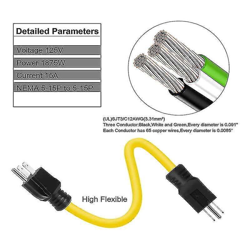 2ft 3 Prong Plug To Plug Double Male Extension Cord,12awg 125v Nema 5 ...