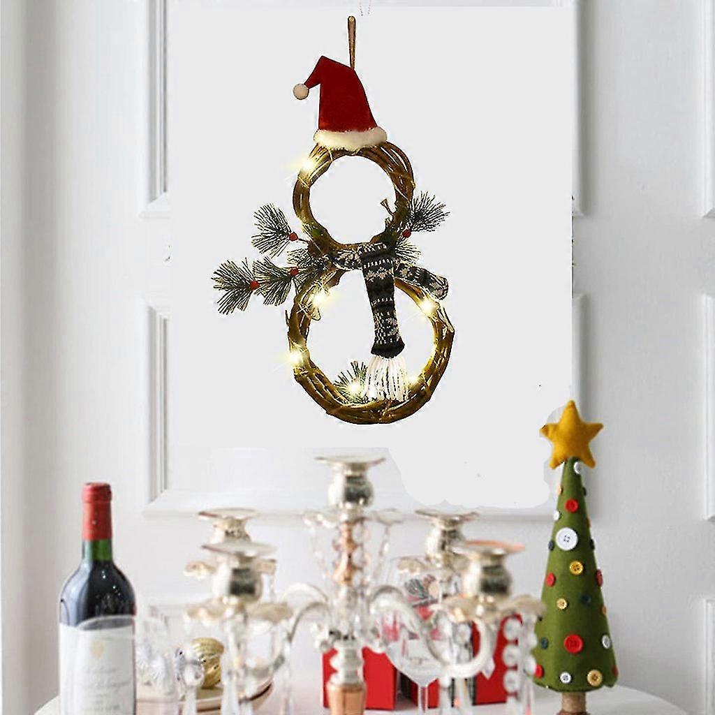 Christmas Led Lighted Rattan Circle Wreath With Hat Scarf Snowman ...