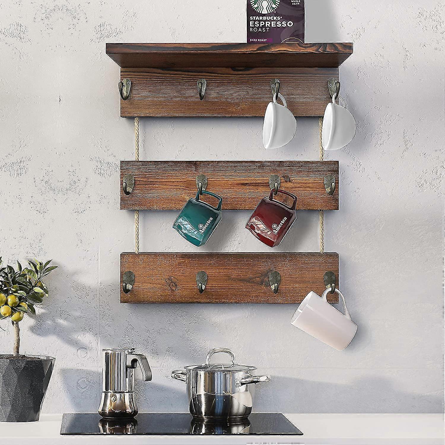 12 Hooks Coffee Cup Holder Solid Wood Mug Rack With Shelf Coffee Bar ...