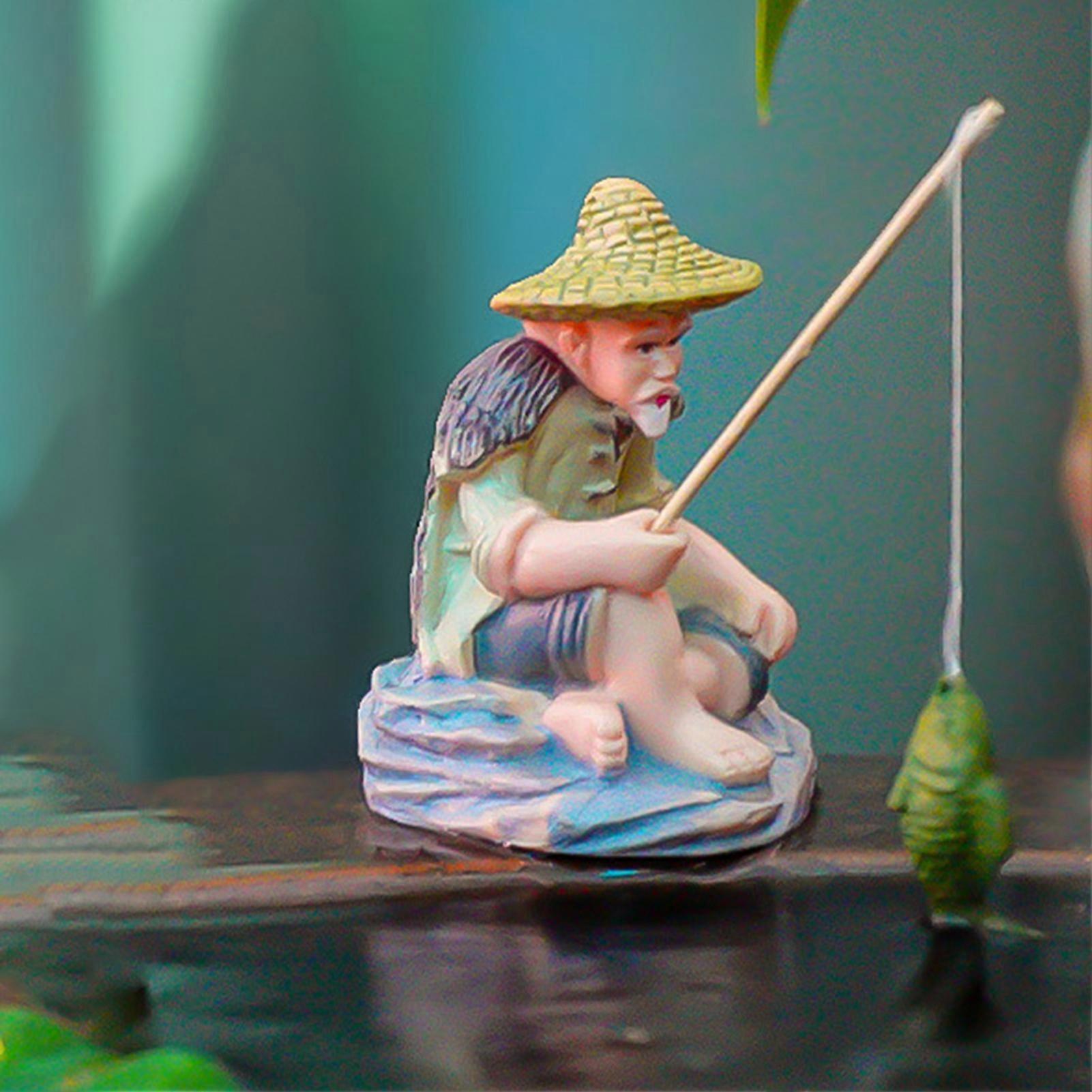 Fish Tank Sitting Fishing Figurine Sandstone Fisherman Statue Miniature ...