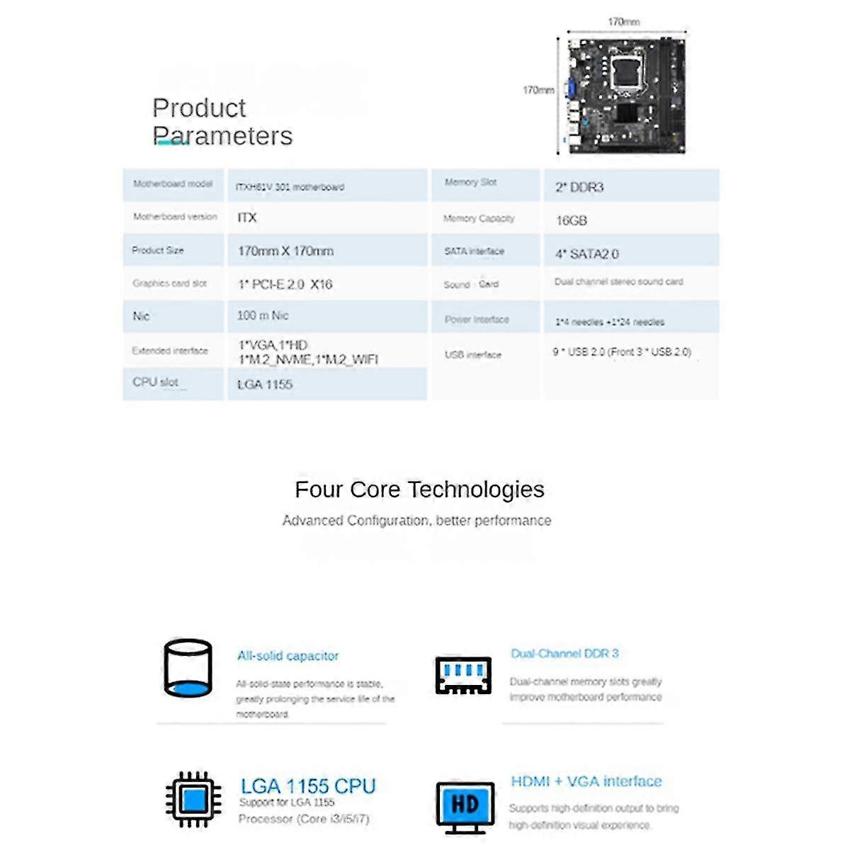 Itx H61 Desktop Motherboard +i3-3220 Cpu Lga 1155 Support Up To 16gb ...
