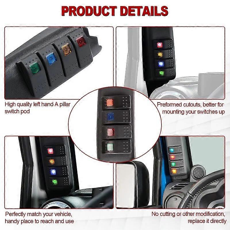 Left Hand A Pillar Switch Pod with 4 Rocker Switches for Jeep Wrangler ...