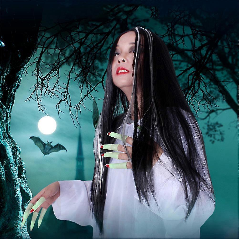 Women Girls Long Straight Black Synthetic Fiber Wig With White ...