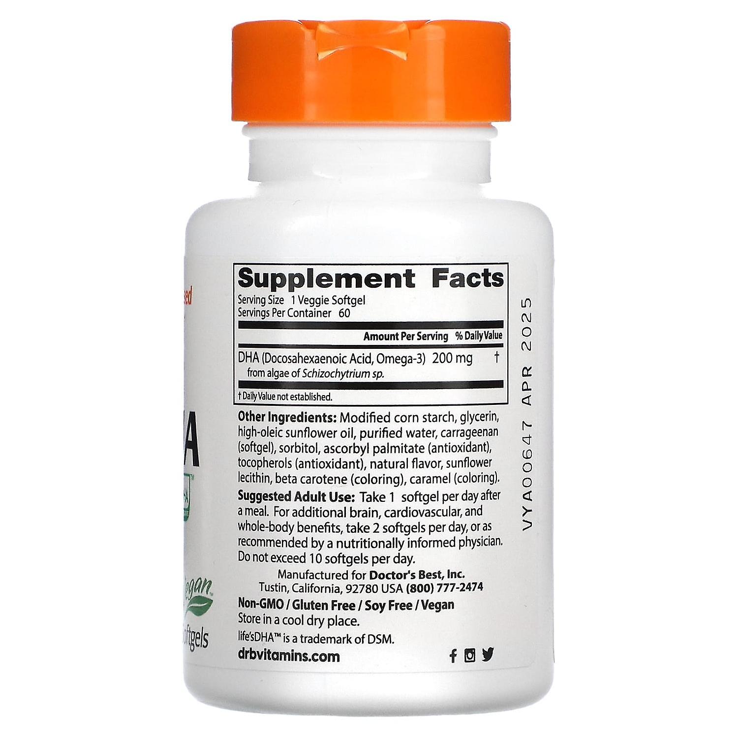 Doctor's Best, Vegan DHA from Algae with Life's DHA, 200 mg, 60 Veggie ...