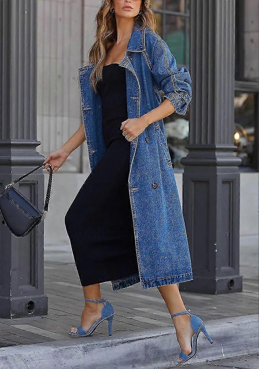 Women's Vintage Midi Long Jean Jacket Loose Fit Double Breasted Denim ...