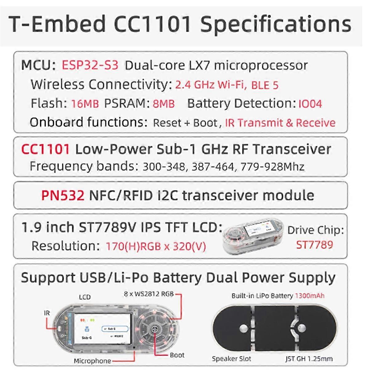 T-Embed ESP32-S3 CC1101 Low-Power Sub-1 GHz RF Transceiver PN532 NFC ...