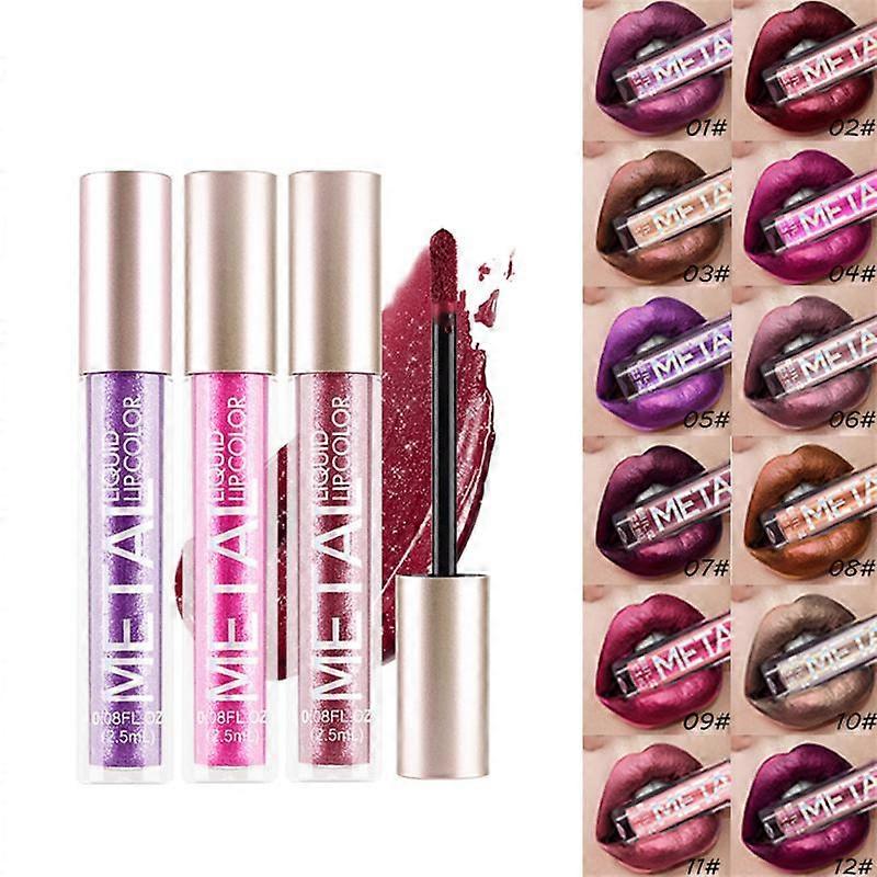 Metallic Lip Gloss 12 Colors Glitter Matte Liquid Lipstick Waterproof ...
