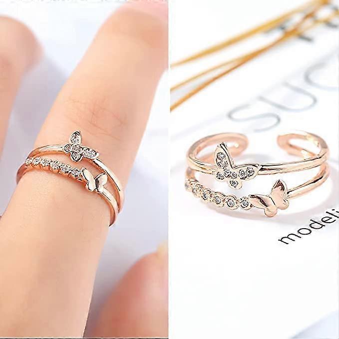 2 Pieces Ring for Women with CZ Crystal & Butterflies, Adjustable Open Finger Rings for Girls ...