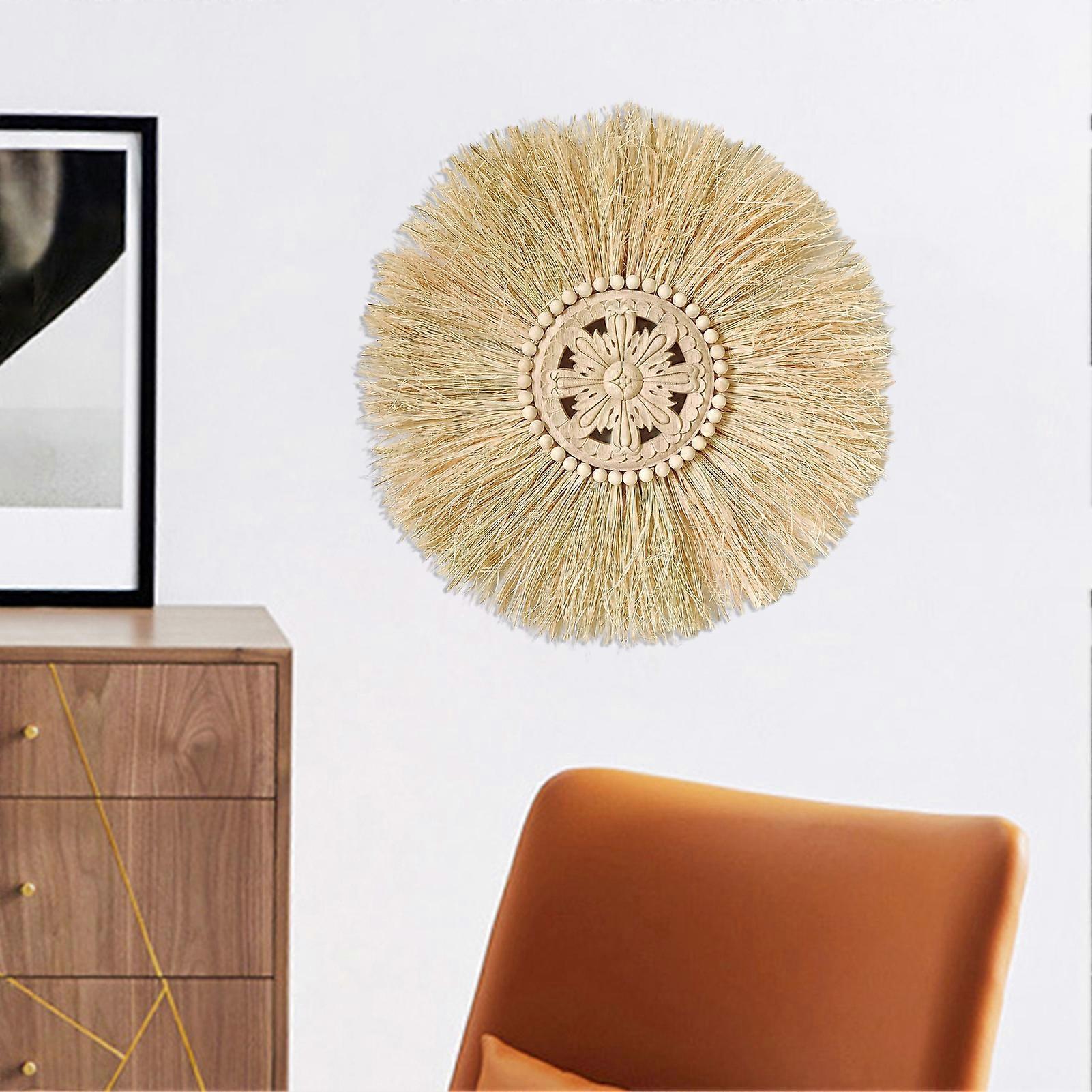 Straw Ornament Creative Vintage Wood Beads Round Woven Macrame Wall ...