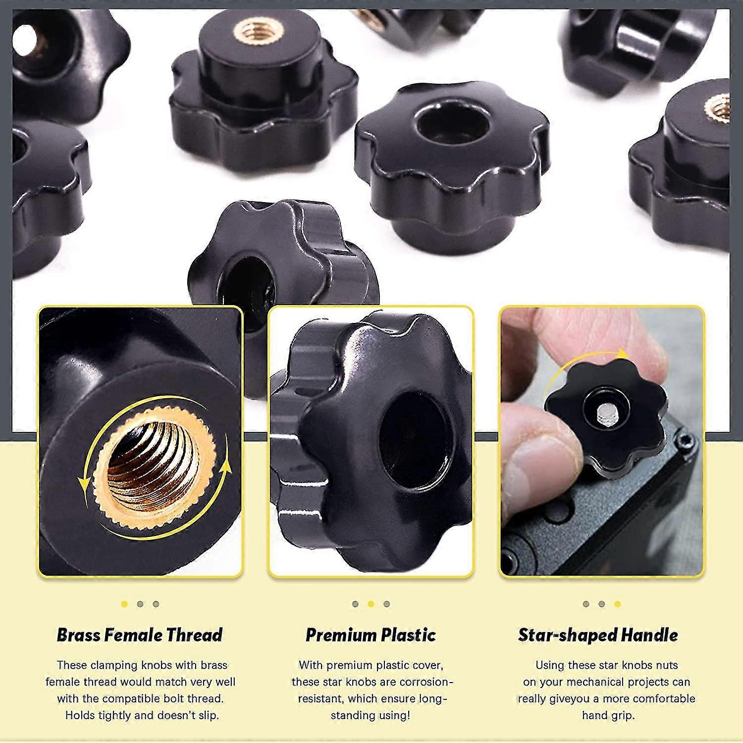 15pcs M6 Star Knob Clamping Handle Nut Through Hole Set Brass Female Threaded Handle Screw On ...