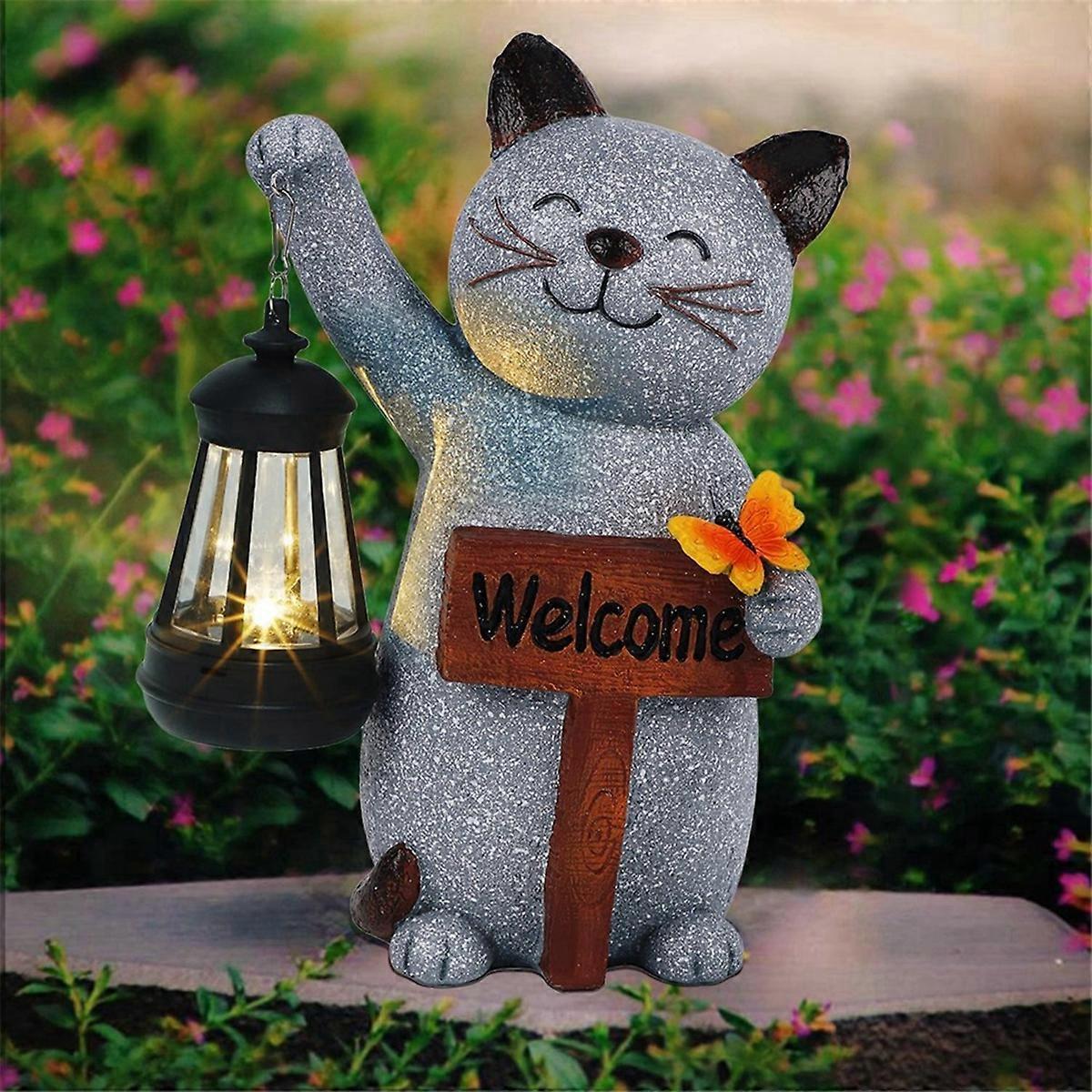 Solar Powered Cat Statue with Lantern, Resin Kitten Outdoor Lawn Porch ...
